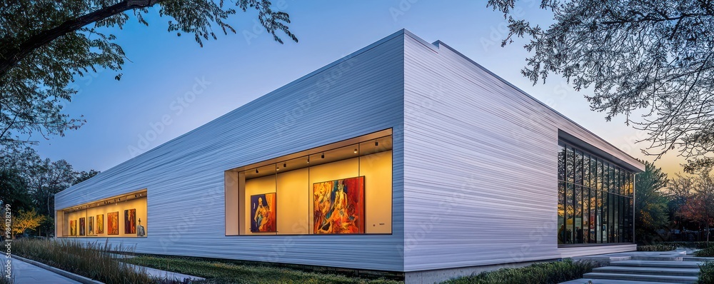A modern art museum with a seamless exterior of white fiber cement ...
