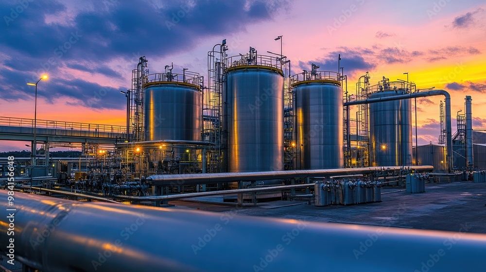 Chemical industry infrastructure with large tanks and piping systems ...