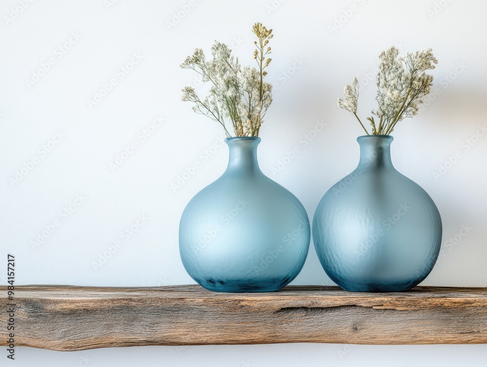 Frosted light blue glass vases placed on a rustic wooden shelf, adding ...