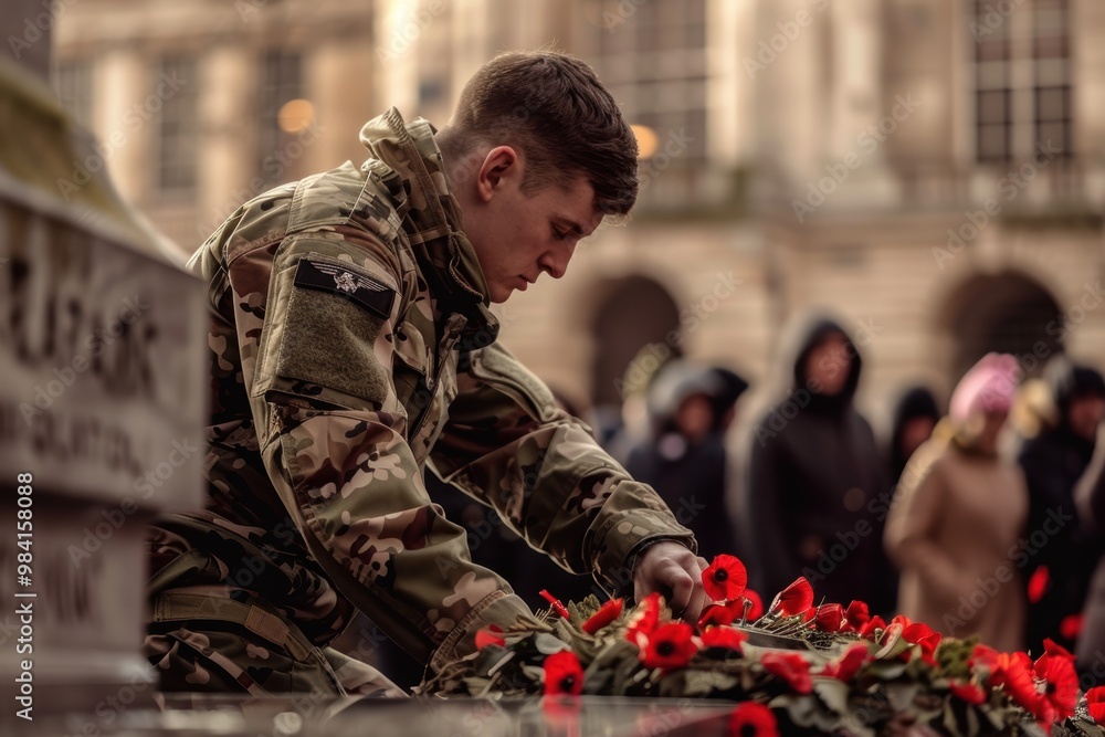 Soldier Placing Poppy Wreath at War Memorial Ceremony Honoring Fallen Heroes, Solemn Act in ...