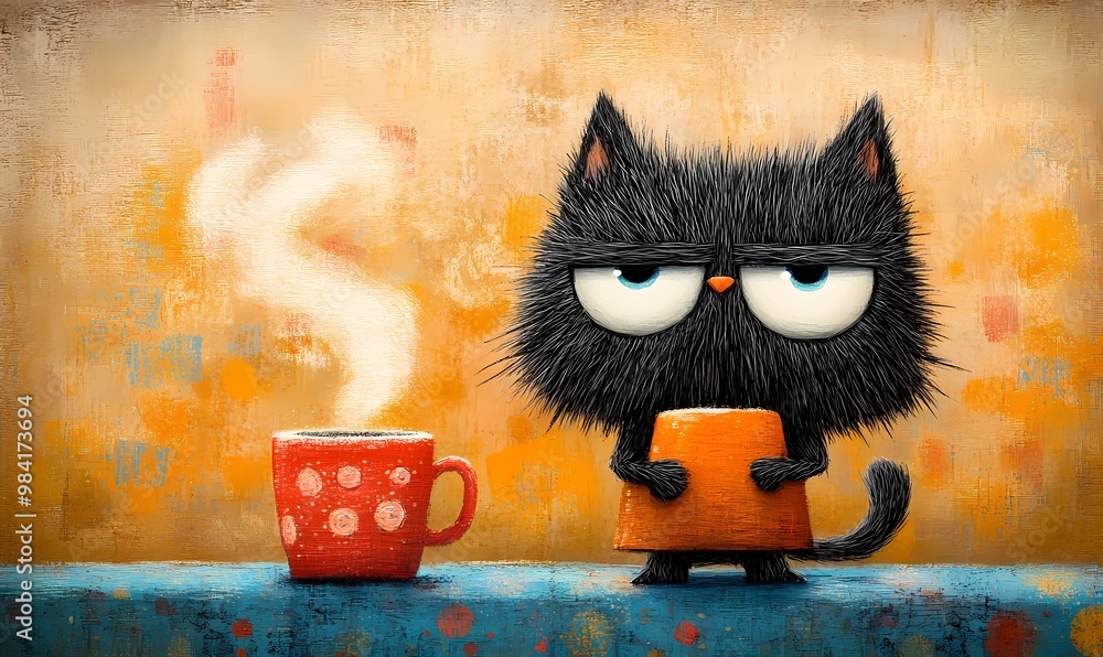 Grumpy black cat with a mug of coffee on yellow background. Caricature ...