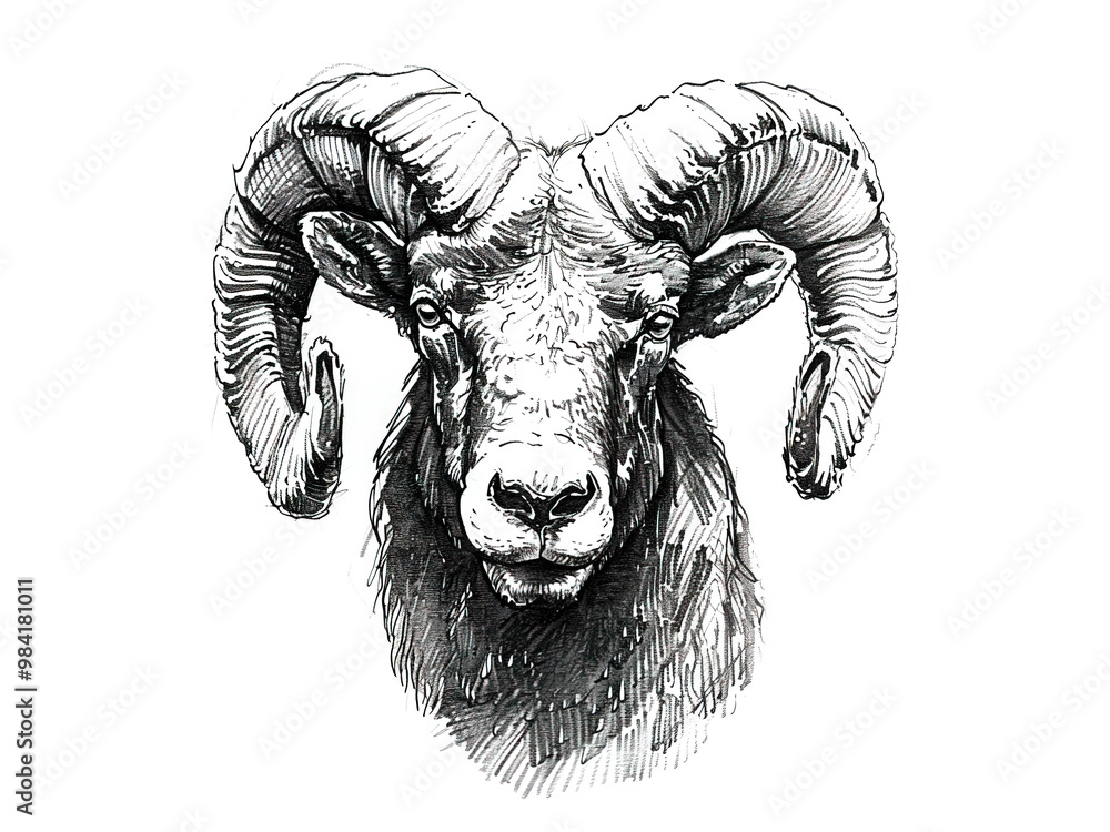 A detailed black and white drawing of a majestic ram with large ...
