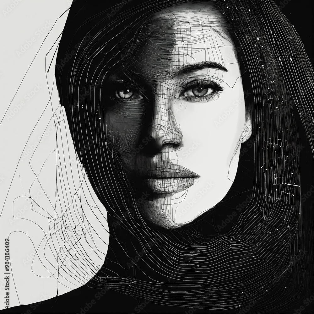 Black, thin lines that form the outline of the right profile of a woman ...