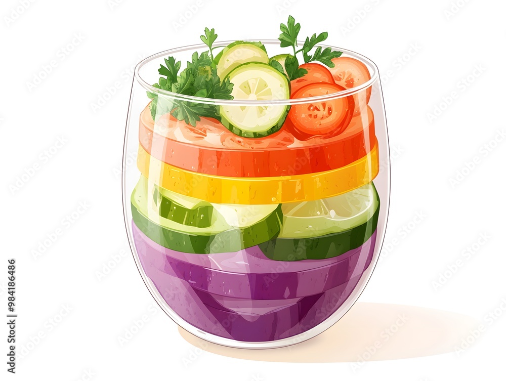 Illustrate a perfectly layered, colorful rainbow salad in a glass bowl ...