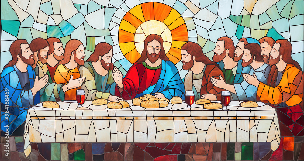 Stained glass depiction of the Last Supper featuring Jesus and apostles ...