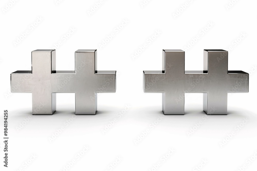 3d metal plus sign with three different view angles isolated on white ...