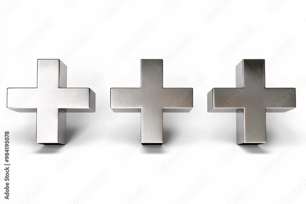 3d metal plus sign with three different view angles isolated on white ...