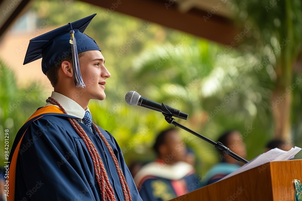 Valedictorian young student man giving graduation speech to other ...