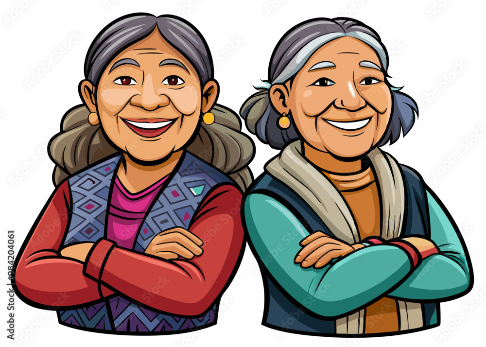cartoon vector illustration of two amerindian old women with folded ...