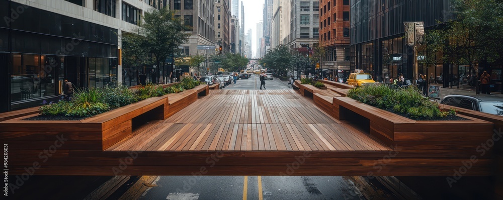 A wooden pedestrian bridge spanning a bustling urban street, featuring ...