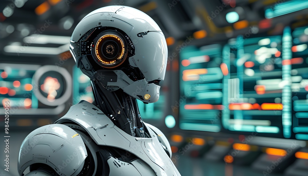 Futuristic robot with digital binary backdrop, exploring advanced artificial intelligence and ...