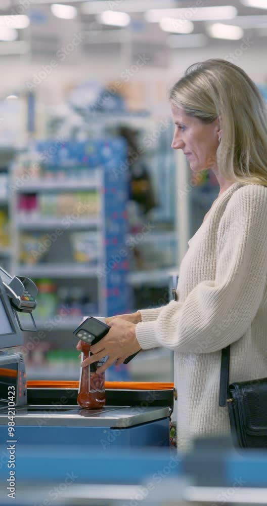 Vertical Footage: Female Shopper Using a Self-Service Checkout in a ...