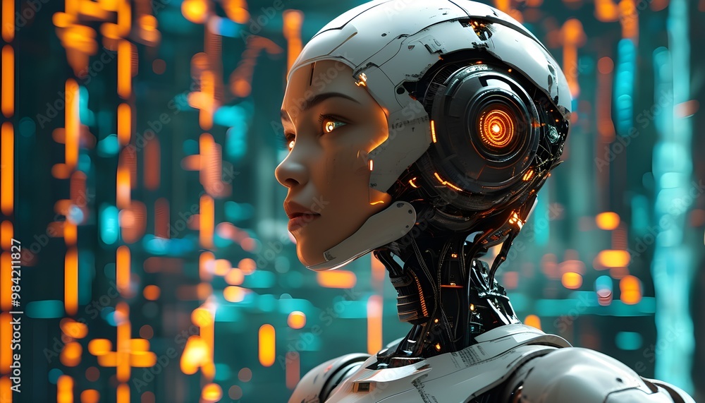 Futuristic humanoid robot amidst digital interface and cybernetic elements, showcasing advanced ...
