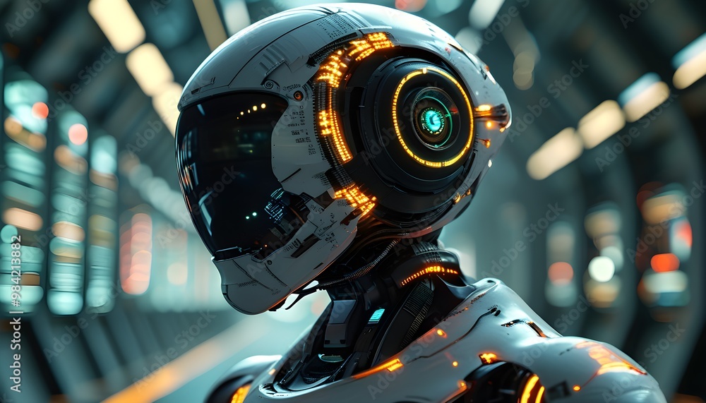 Futuristic humanoid robot amidst digital binary code symbolizing advanced artificial ...