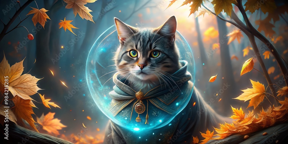 Wisdom-filled eyes of wizard cat shine bright, grasping glowing crystal ...