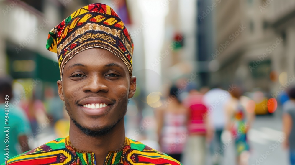 Smiling young man in vibrant traditional attire on a busy city street ...