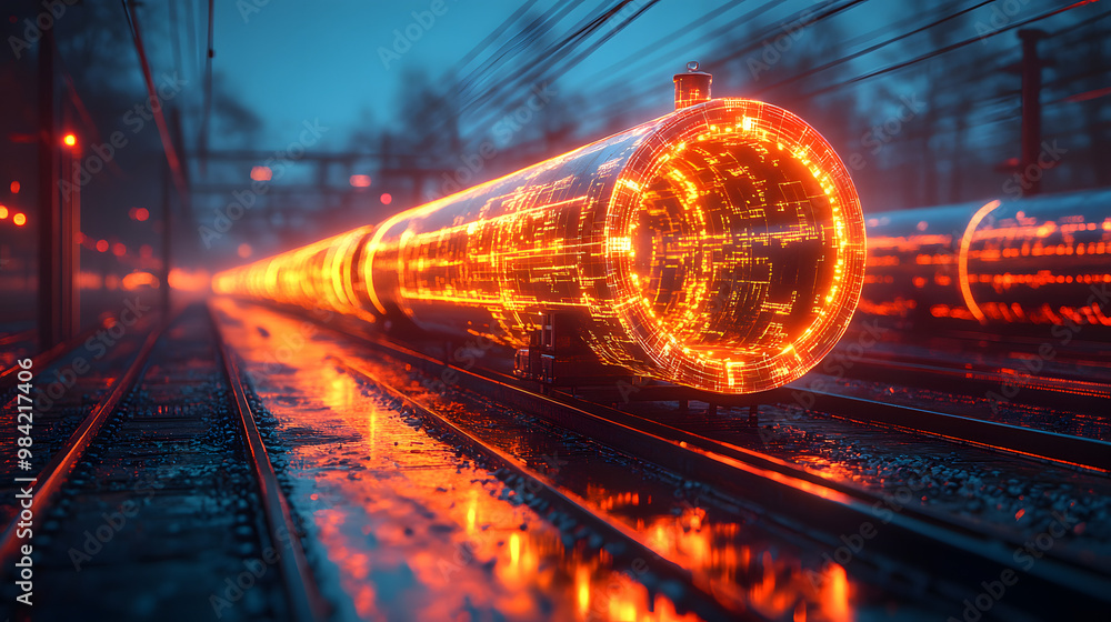 Futuristic glowing train captured at night, showcasing vibrant colors ...