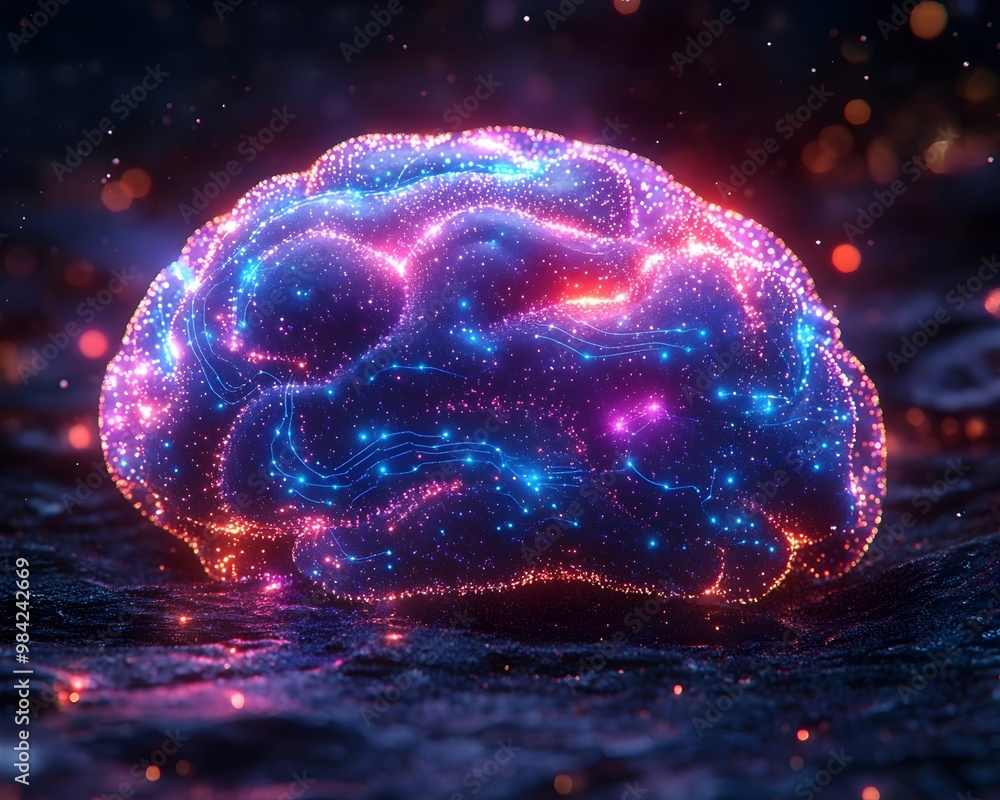 a glowing, three-dimensional brain made of neon circuit patterns, representing ai intelligence ...