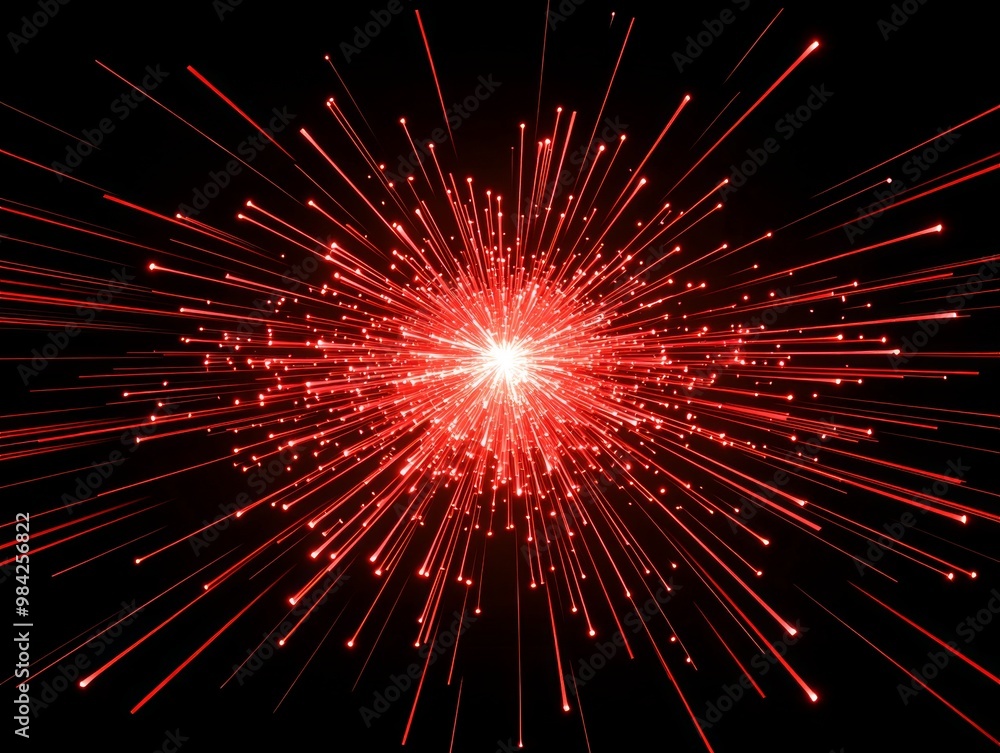 striking display of fiery red particles bursts outward, forming a ...