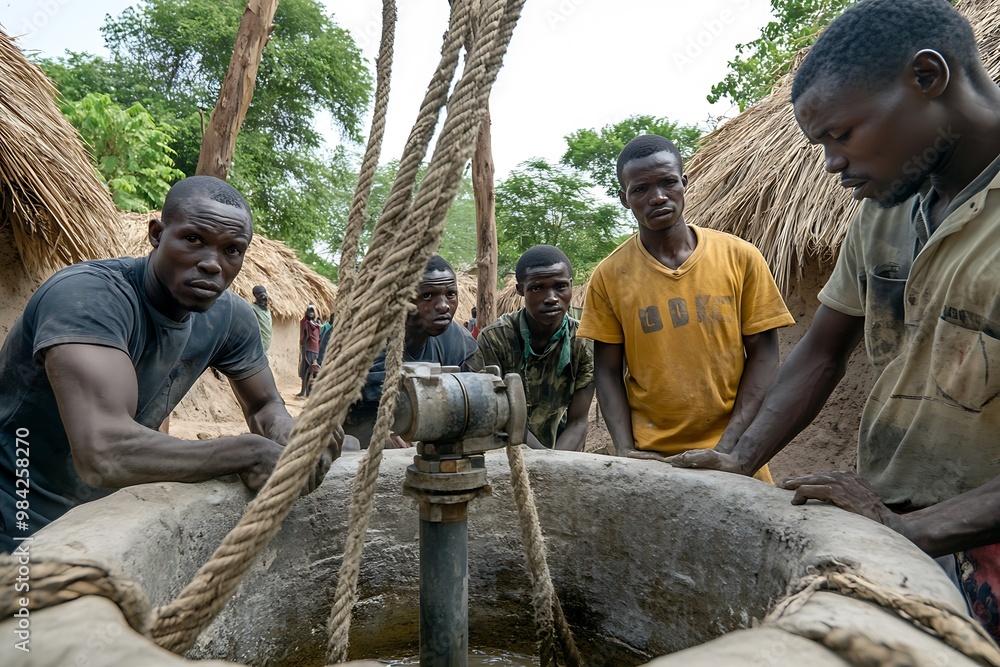 African men pulling water from a well using a rope and metal cylinder ...