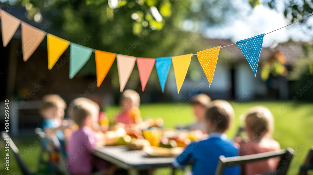 Colorful flags decorate joyful family reunion in sunny backyard, where ...