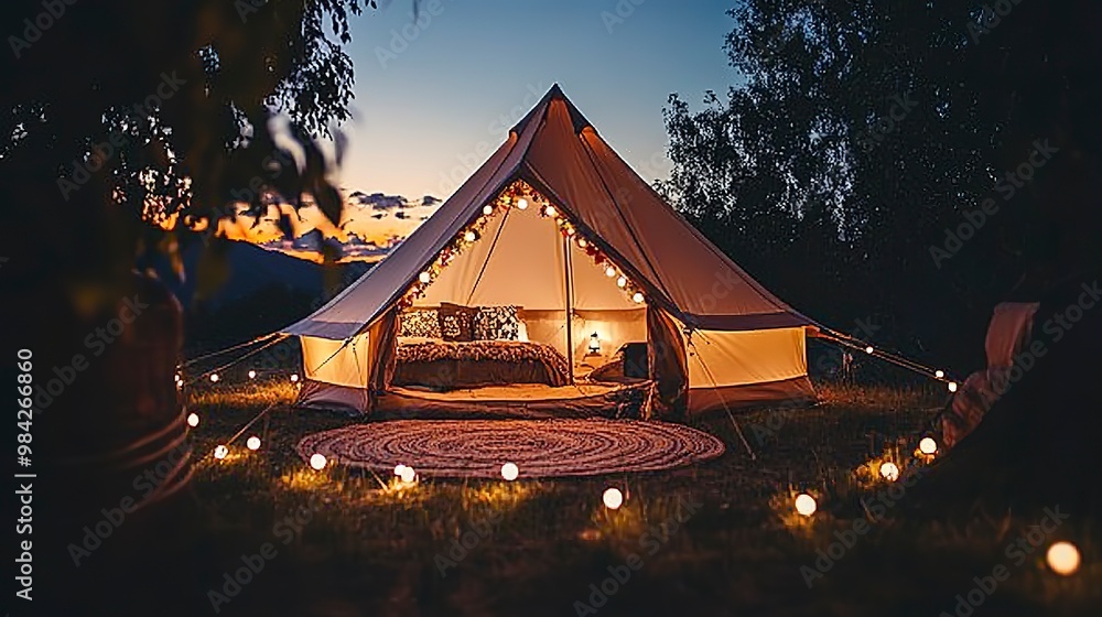 Luxury glamping camping tent with cozy accessories, light garlands and ...