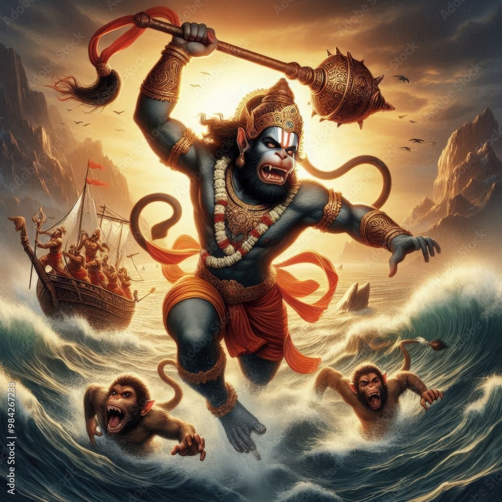 Hanuman Ji Angry with Battlefield Hindu Lord Hanuman Ji Fighting ...