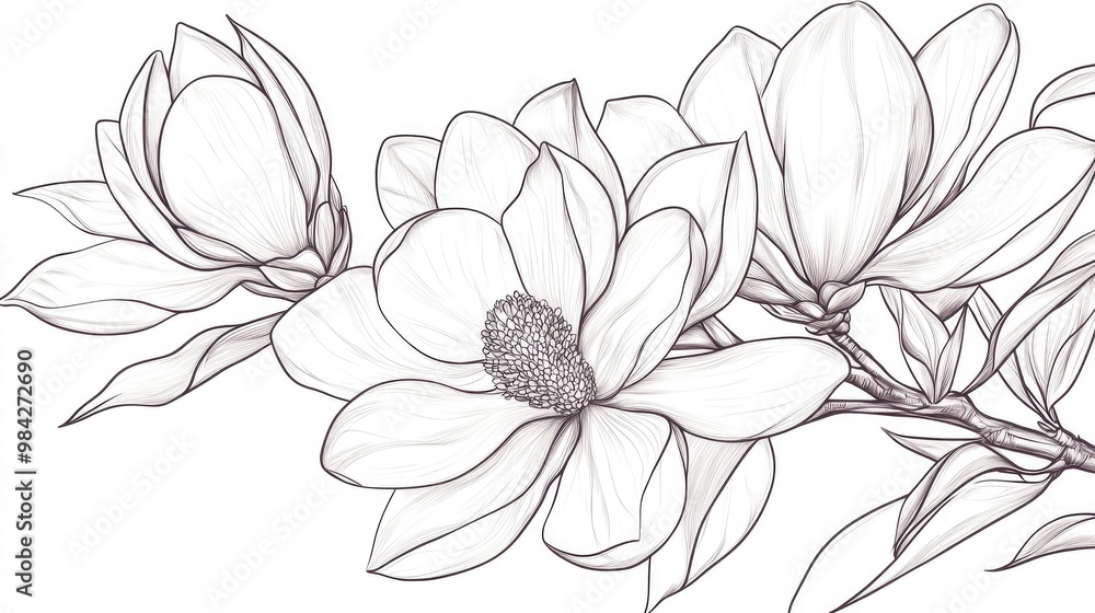 Magnolia Line Art Illustration Floral Line Drawing Flower Coloring Page ...