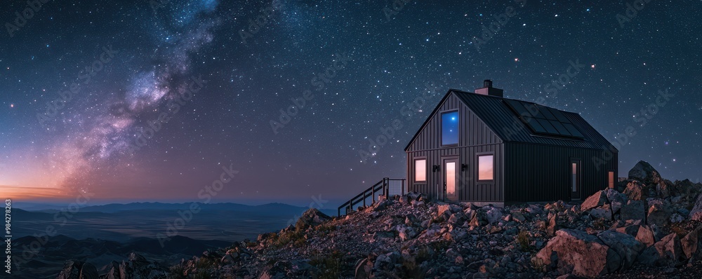 A high-altitude observatory with dark James Hardie siding, nestled atop ...