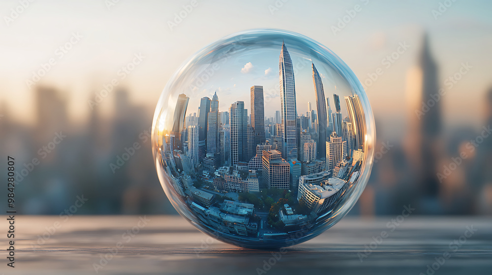 A transparent glass sphere reflects stunning city skyline, showcasing ...