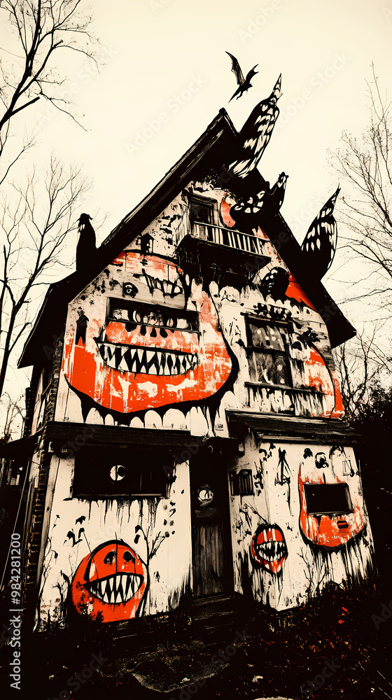 Spooky village with crooked houses and eerie trees under a blood-red ...