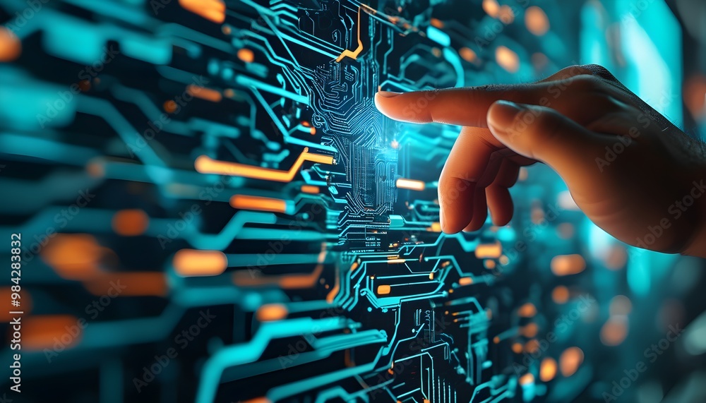 Futuristic hand gesture engaging with a complex digital interface featuring detailed circuit ...