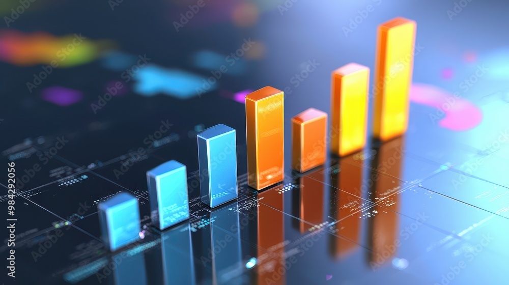 3D bar chart with upward-trending bars on a modern tech surface ...