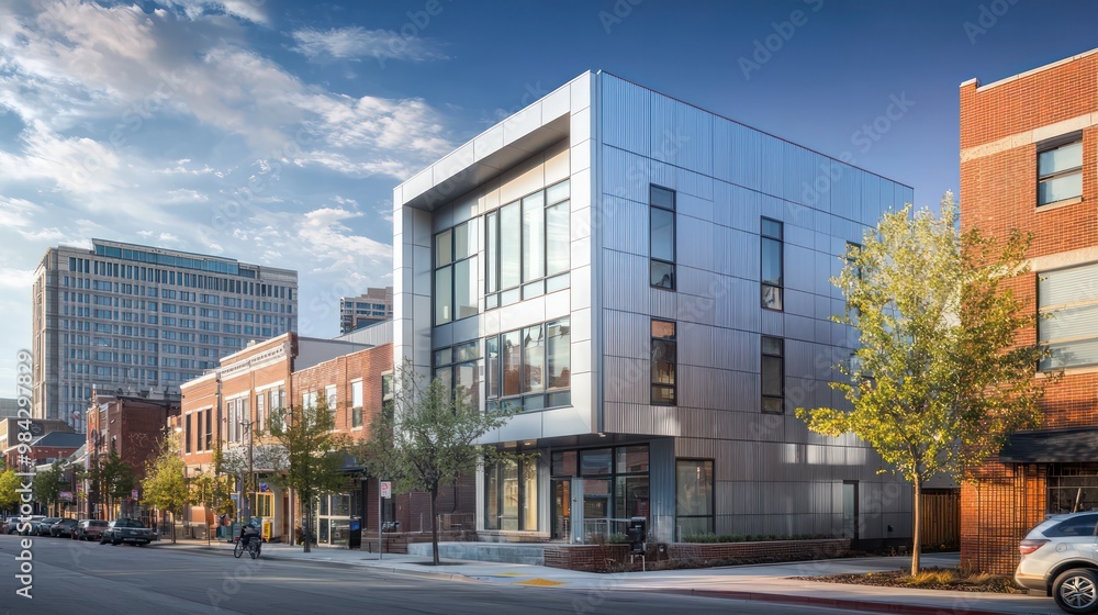 A modern urban infill housing project with sleek, metallic James Hardie ...
