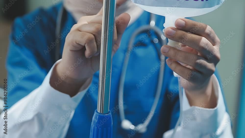 Woman doctor monitor Adjust the drip rate feed of saline dripping ...