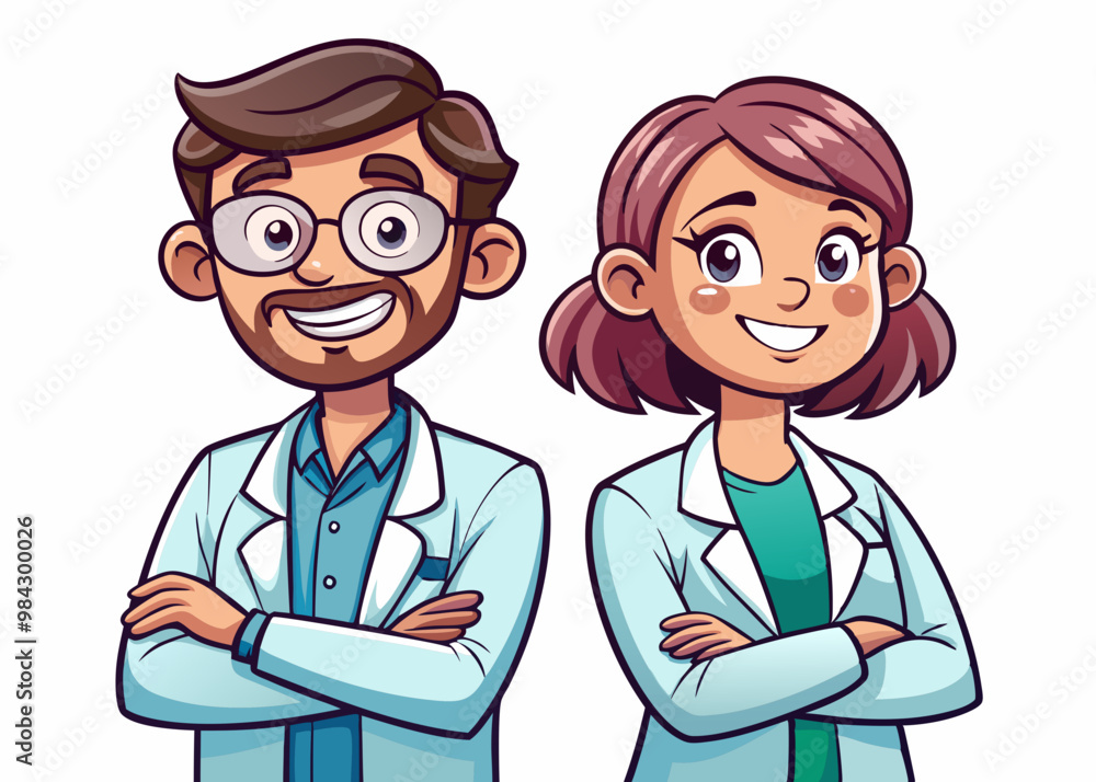 cartoon vector illustration of two man and woman doctor with folded ...