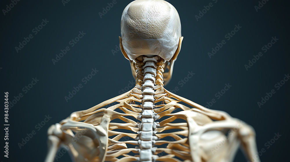 A detailed 3D render of human skeletal system, showcasing spine and ...