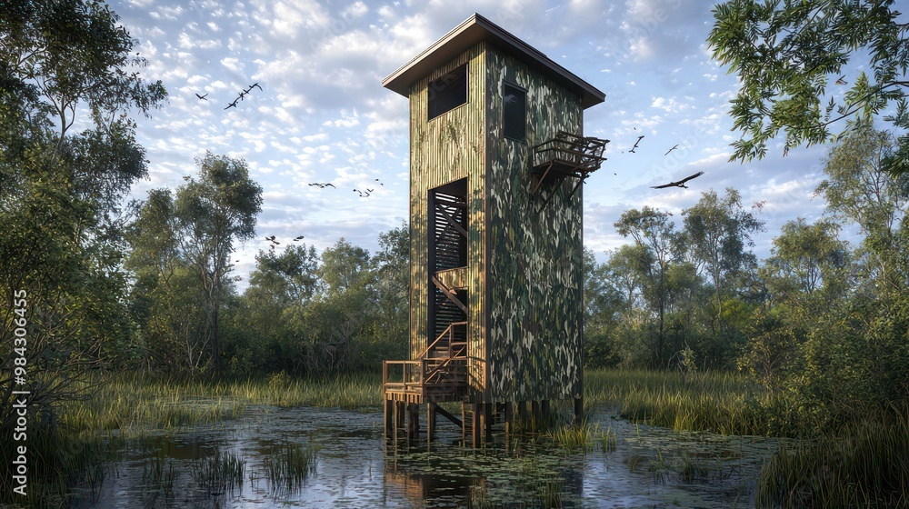A remote bird-watching tower with camouflage James Hardie siding, set ...