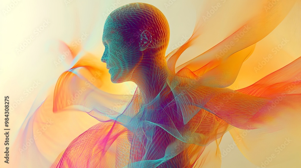 Surreal and abstract digital art depicting a human figure, rendered in three dimensions. The ...