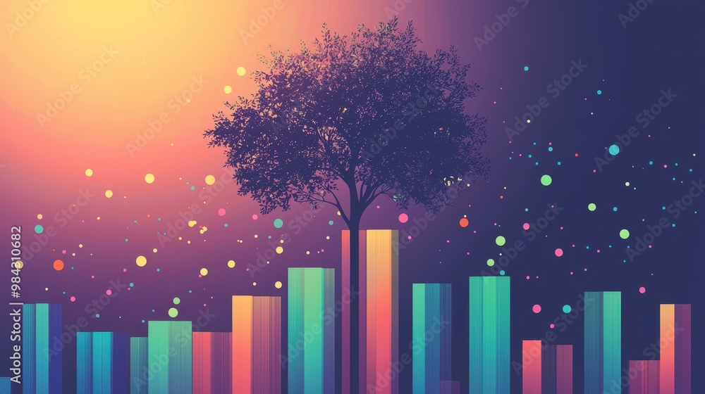 A tree expanding behind an upward-moving bar graph. Bright colors and a ...