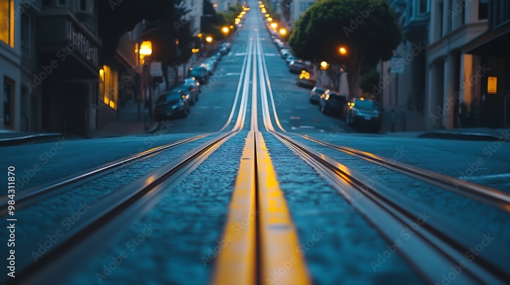 Low angle twilight view of an empty road with cable car tracks leading ...