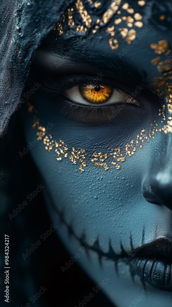 Realistic Close-Up of a Scary La Catrina with Sugar Skull Makeup in ...