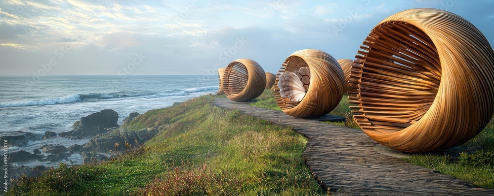 A series of wooden wind shelters on a windy coastal path, each uniquely ...