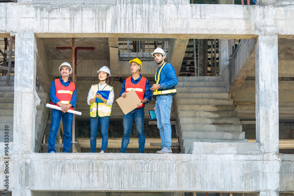 construction workers in full safety gear while work on height and ...