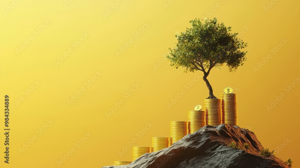 Tree and bar graph rising from gold coins, indicating the concept of ...
