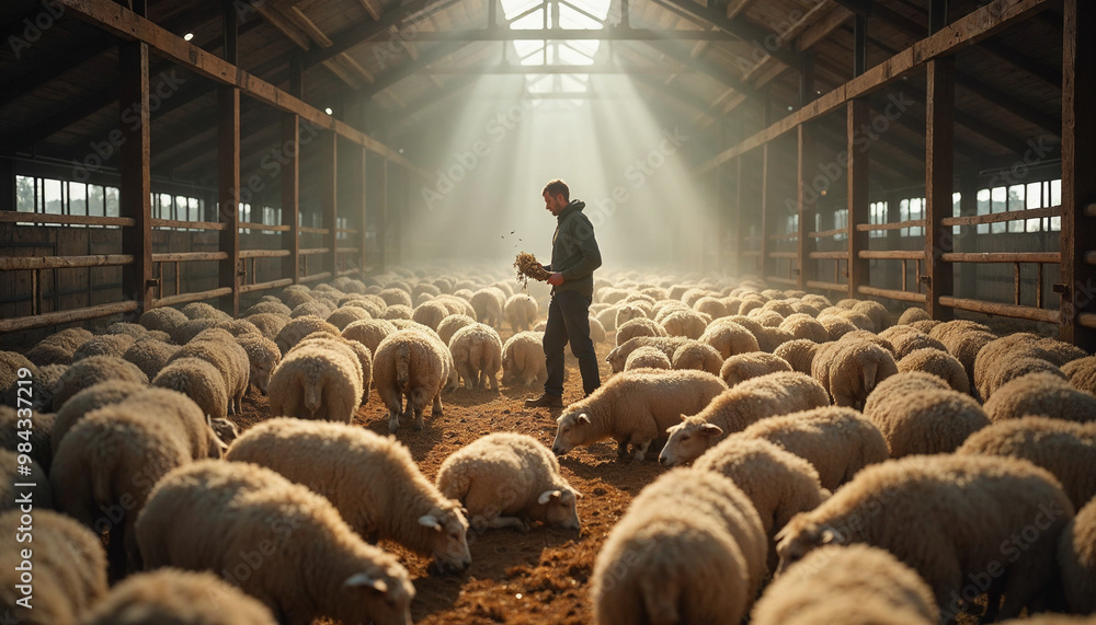 Indoor sheep farm scene with a farmer caring for a flock in warm ...