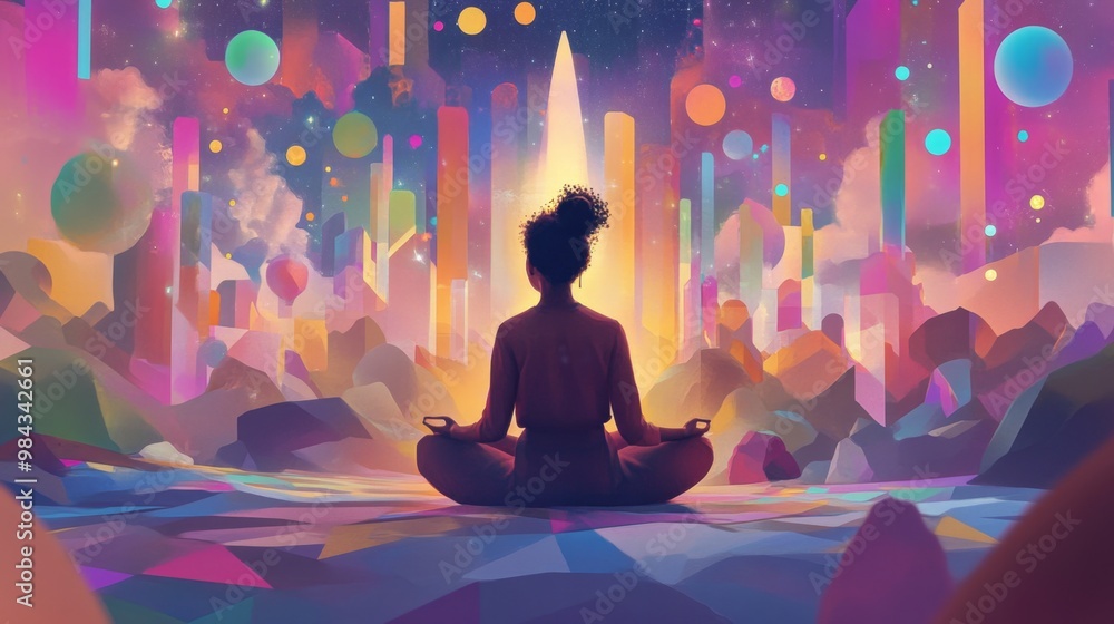 Empowering scene filled with motivational symbols, bright colors, and ...