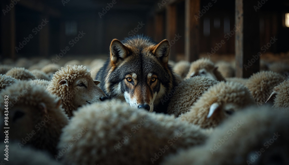 Wolf's head among sheep in a dim barn creates a tense and ominous ...