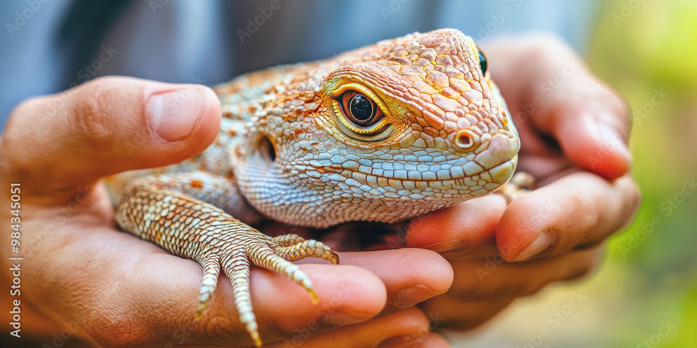 brightly colored lizard being gently held in a person’s hands ...