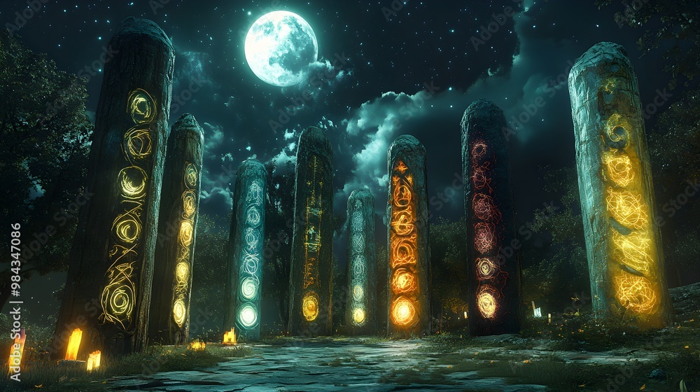 Tall, spiraling magical towers of different designs surround a moonlit ...